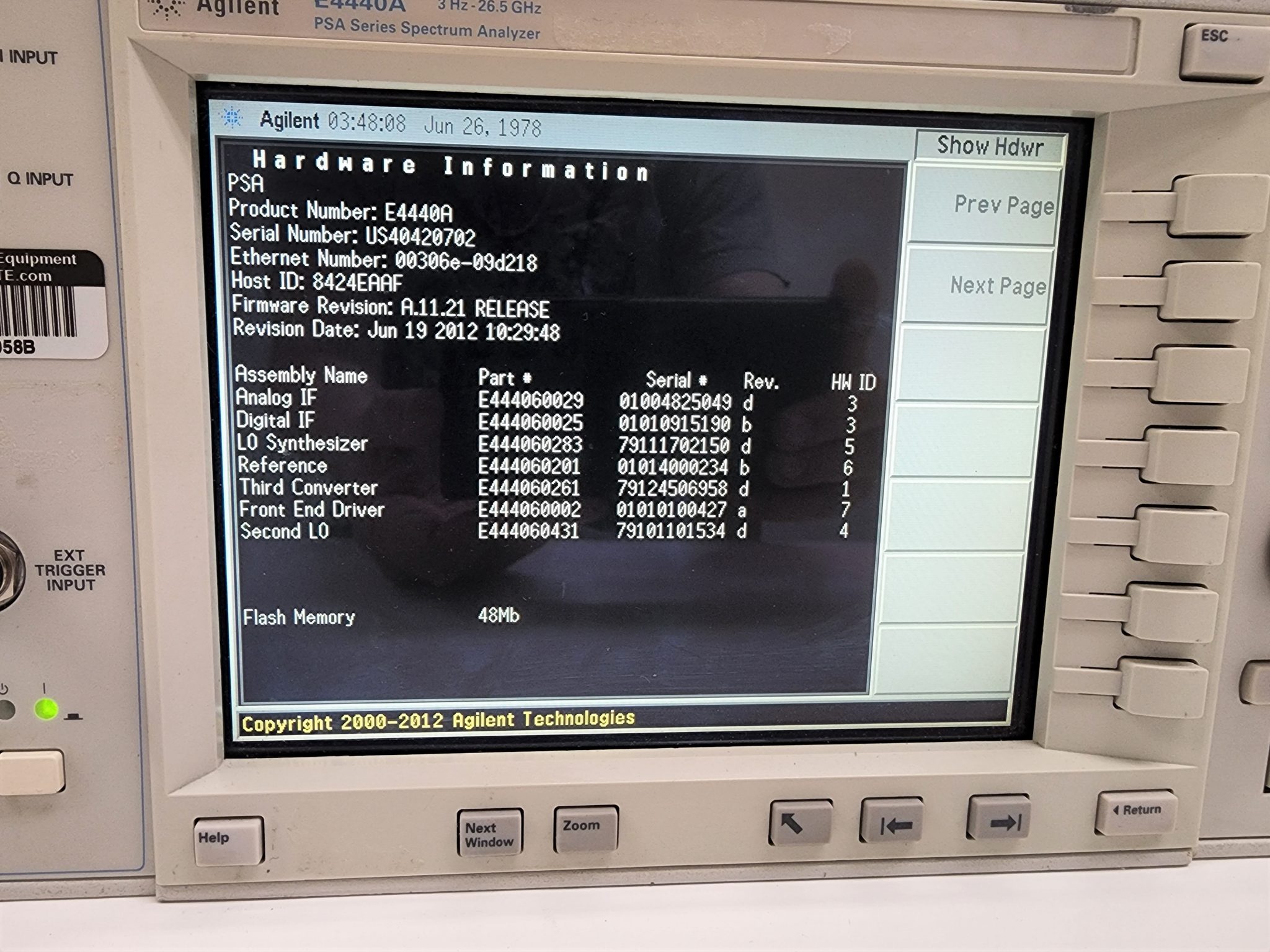 HP/Agilent E4440A PSA Series Spectrum Analyzer, 3 Hz - 26.5 GHz w ...